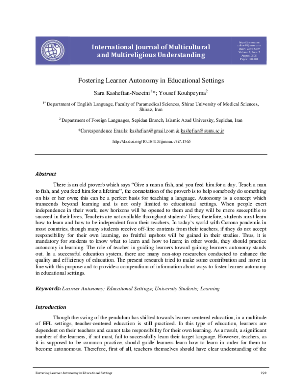 (PDF) Fostering Learner Autonomy in Educational Settings