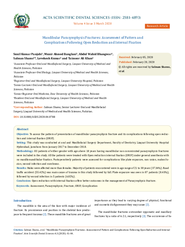 (PDF) Mandibular Parasymphysis Fractures: Assesement of Pattern and ...