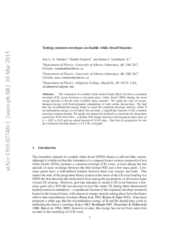 Pdf Testing Common Envelopes On Double White Dwarf Binaries