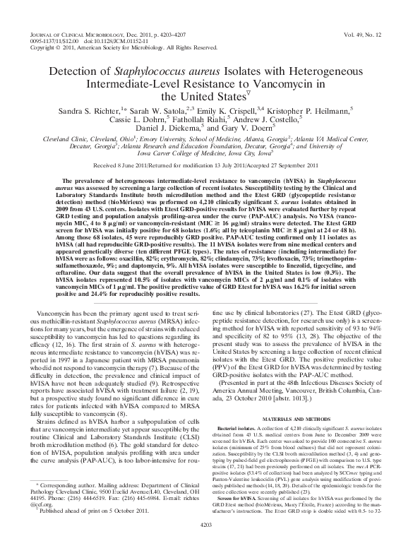 Pdf Detection Of Staphylococcus Aureus Isolates With Heterogeneous