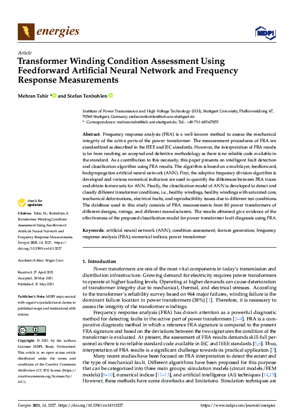 (PDF) Transformer Winding Condition Assessment Using Feedforward ...