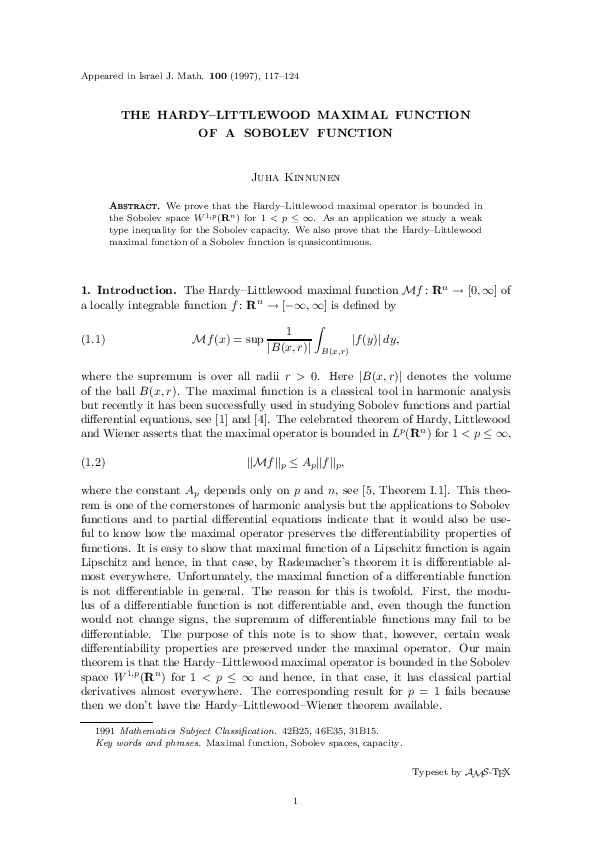 (PDF) The hardy-littlewood maximal function of a sobolev function