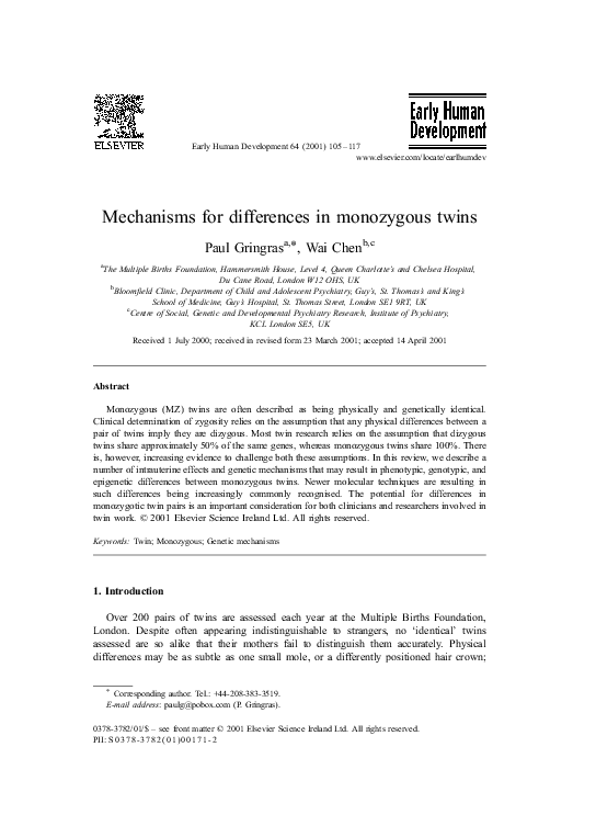 (PDF) Mechanisms for differences in monozygous twins