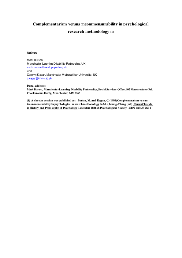 (PDF) Complementarism versus incommensurability in psychological ...