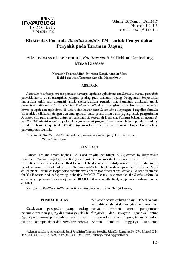 (PDF) Efektivitas Formula Bacillus subtilis TM4 untuk Pengendalian ...