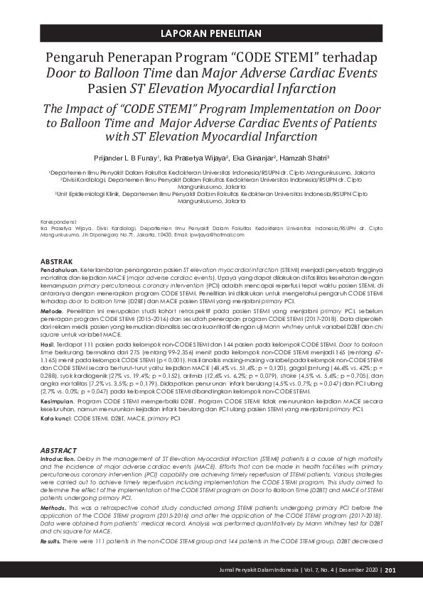 (PDF) Pengaruh Penerapan Program “CODE STEMI” terhadap Door to Balloon ...