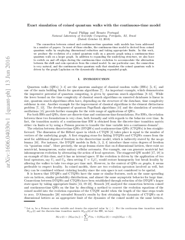 (PDF) Exact simulation of coined quantum walks with the continuous-time model