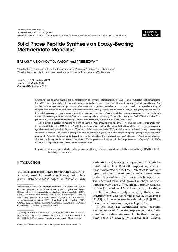 (PDF) Solid phase peptide synthesis on epoxy-bearing methacrylate monoliths