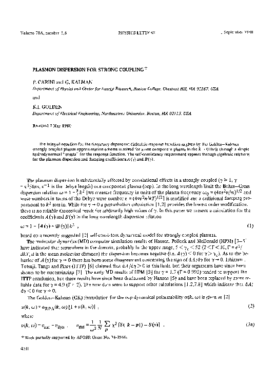 (PDF) Plasmon dispersion for strong coupling