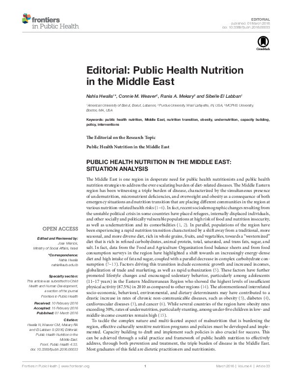 (PDF) Editorial: Public Health Nutrition in the Middle East