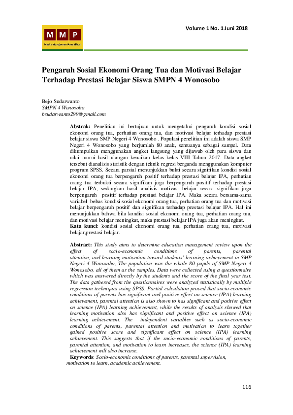 (PDF) Pengaruh Sosial Ekonomi Orang Tua dan Motivasi Belajar Terhadap Prestasi Belajar Siswa ...