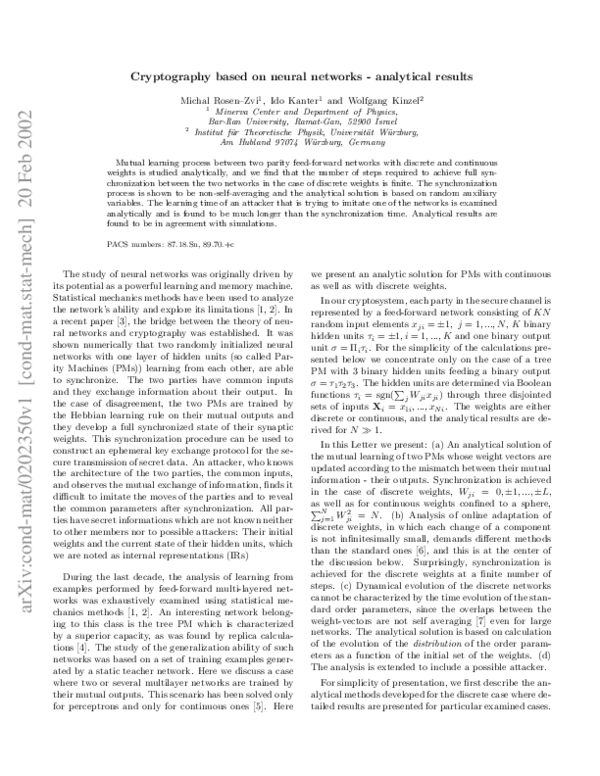 (PDF) Cryptography based on neural networks analytical results