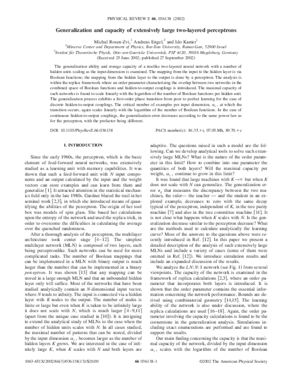 (PDF) Generalization and capacity of extensively large two-layered perceptrons