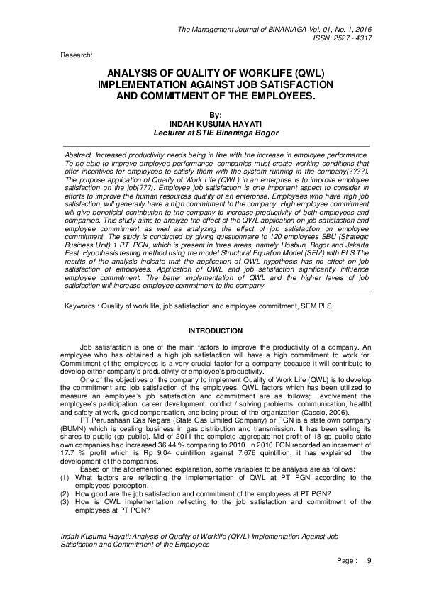 (PDF) Analysis of Quality of Worklife (QWL) Implementation Against Job ...