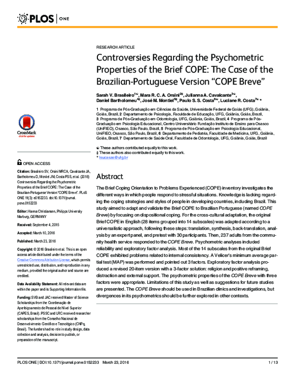 (PDF) Controversies Regarding the Psychometric Properties of the Brief COPE: The Case of the ...