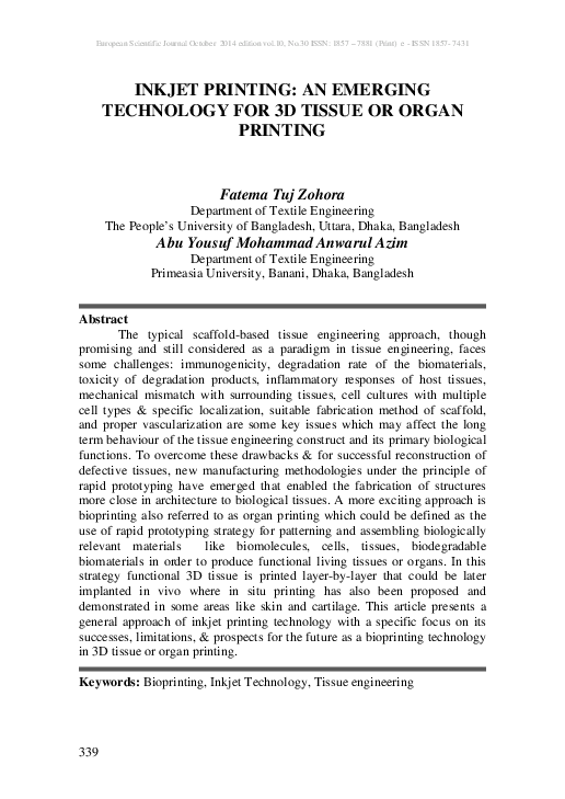 (PDF) Inkjet Printing: An Emerging Technology for 3D Tissue or Organ Printing