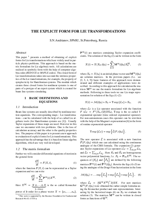 (PDF) The Explicit Form for Lie Transformations