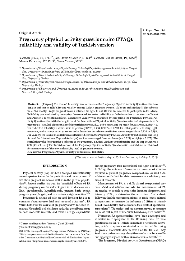 (PDF) Pregnancy physical activity questionnaire (PPAQ): reliability and validity of Turkish version