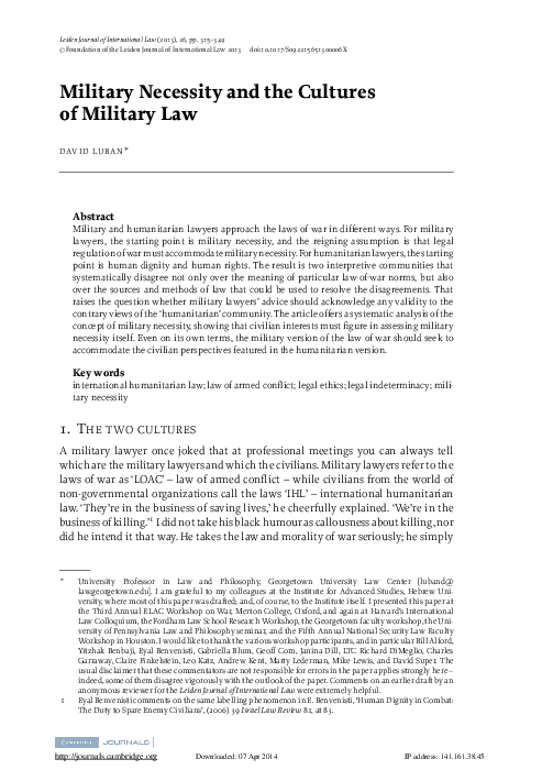 (PDF) Military Necessity and the Cultures of Military Law