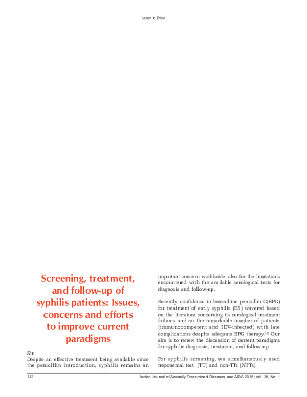 (PDF) Screening, treatment, and follow-up of syphilis patients: Issues ...