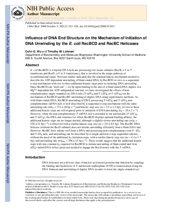 (PDF) Influence of DNA End Structure on the Mechanism of Initiation of ...