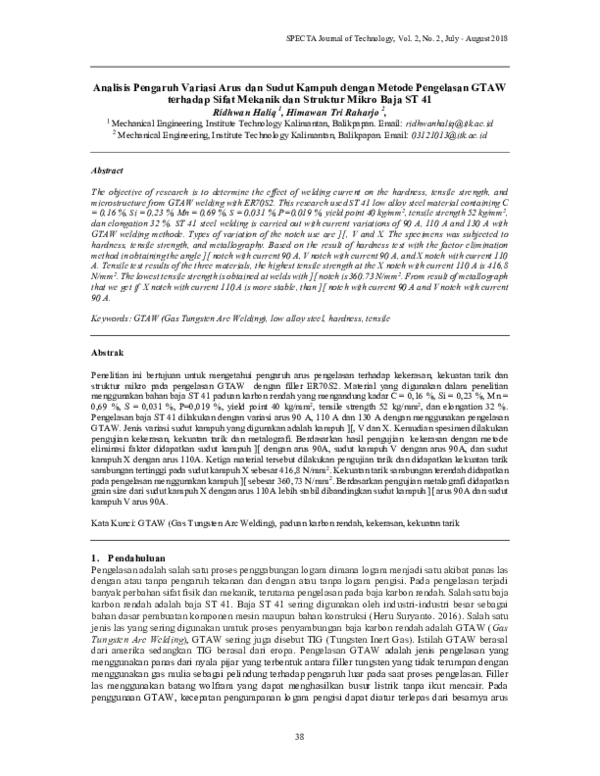 (PDF) Analisis Pengaruh Variasi Arus dan Sudut Kampuh dengan Metode Pengelasan GTAW terhadap ...