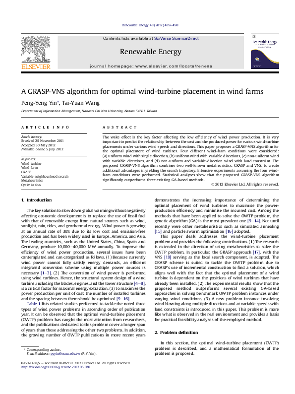 (PDF) A GRASP-VNS algorithm for optimal wind-turbine placement in wind farms