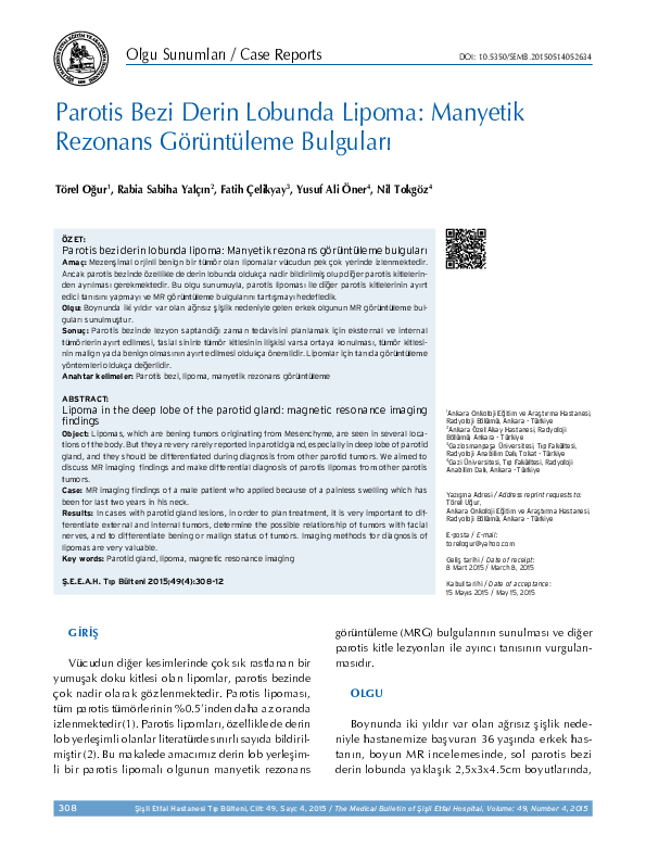(PDF) Parotis bezi derin lobunda lipoma: Manyetik rezonans görüntüleme ...
