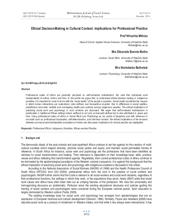 (PDF) Ethical Decision-Making in Cultural Context: Implications for ...