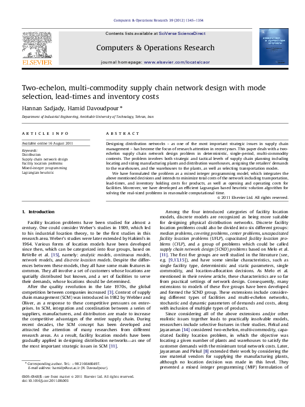 (PDF) Two-echelon, multi-commodity supply chain network design with ...