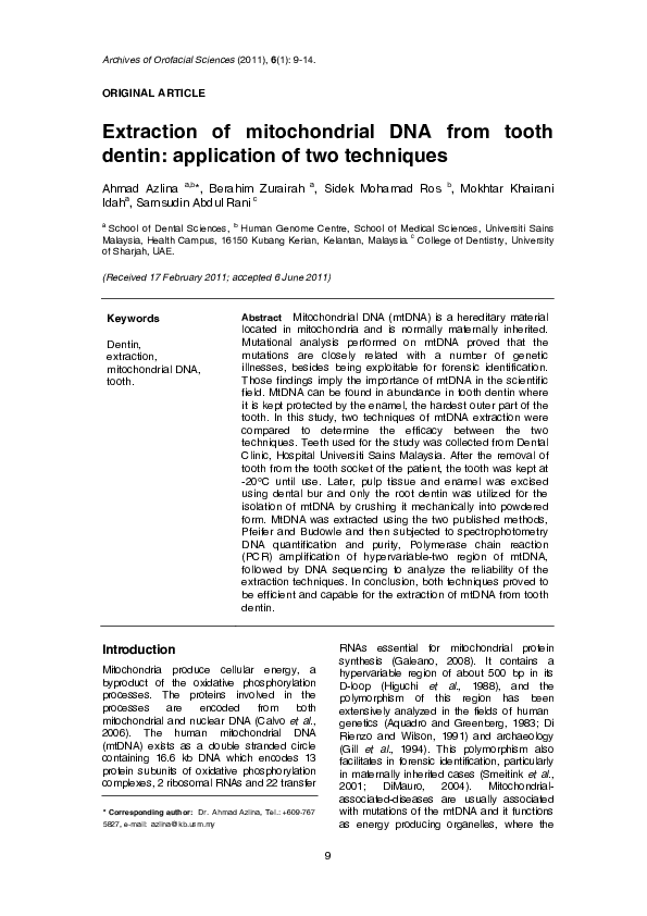 (PDF) Extraction of mitochondrial DNA from tooth dentin: application of ...