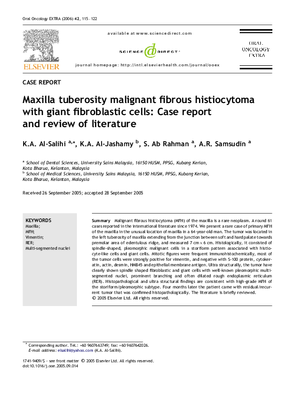 (PDF) Maxilla tuberosity malignant fibrous histiocytoma with giant ...