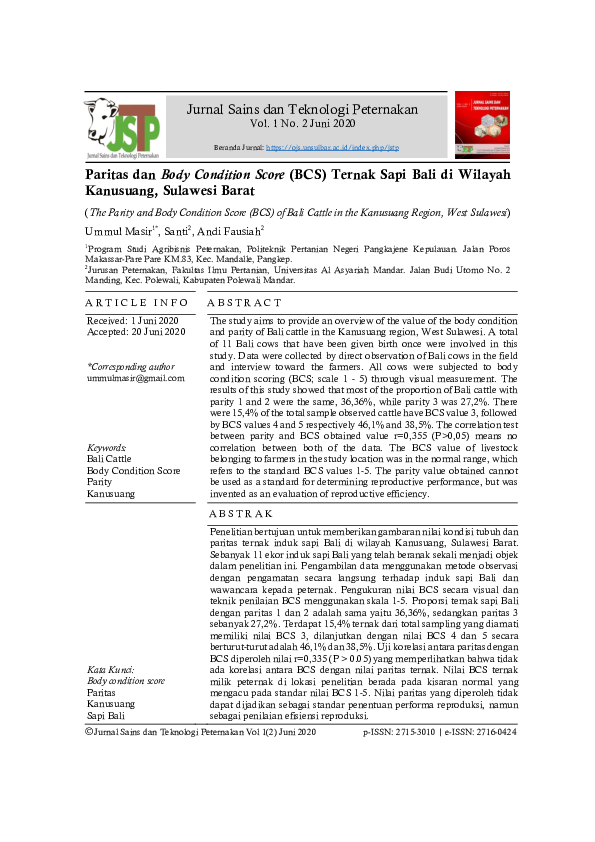 (PDF) Paritas dan Body Condition Score (BCS) Ternak Sapi Bali di Wilayah Kanusuang, Sulawesi Barat