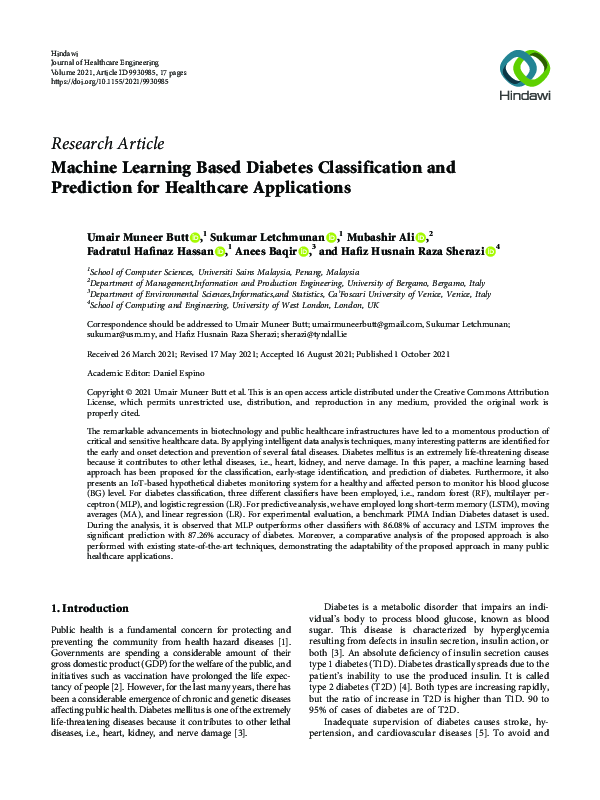 Pdf Machine Learning Based Diabetes Classification And Prediction For Healthcare Applications