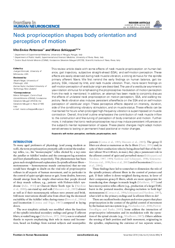 (PDF) Neck proprioception shapes body orientation and perception of motion
