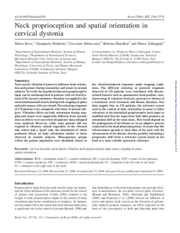 (PDF) Neck proprioception and spatial orientation in cervical dystonia