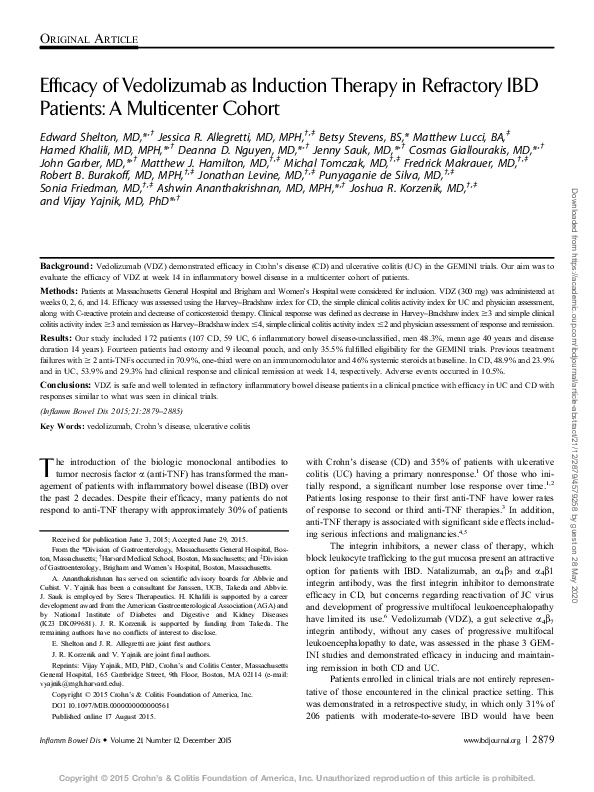 (PDF) Efficacy of Vedolizumab as Induction Therapy in Refractory IBD Patients