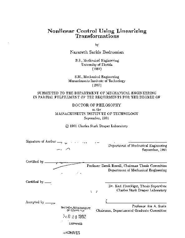 Pdf Nonlinear Control Using Linearizing Transformations