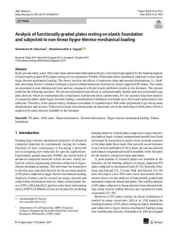 Pdf Analysis Of Functionally Graded Plates Resting On Elastic Foundation And Subjected To Non