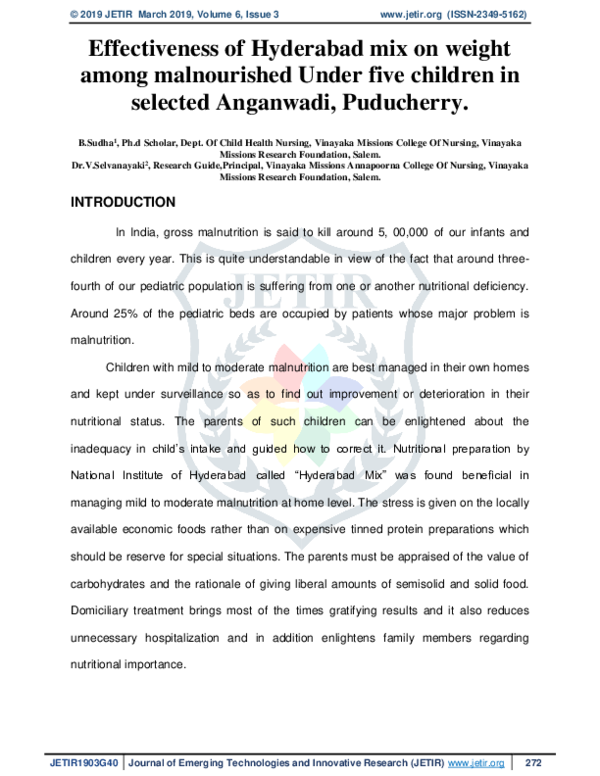 (PDF) Effectiveness of Hyderabad mix on weight among malnourished Under ...
