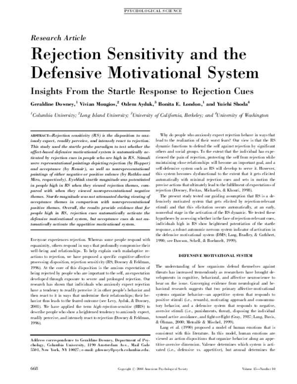 (PDF) Rejection Sensitivity and the Defensive Motivational System ...