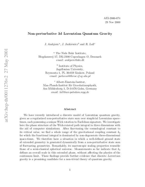 (PDF) Phase Structure in Nonperturbative 3D Lorentzian Gravity