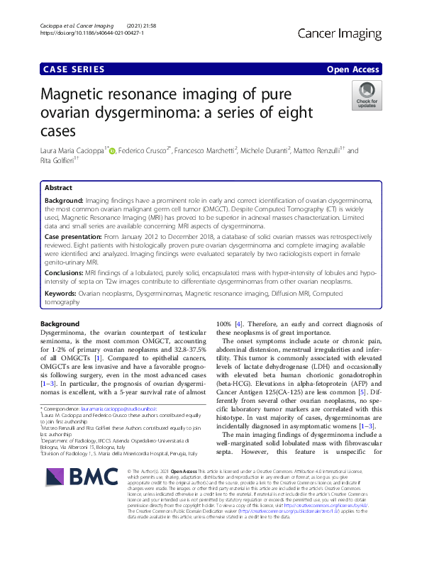 (PDF) Magnetic resonance imaging of pure ovarian dysgerminoma: a series of eight cases