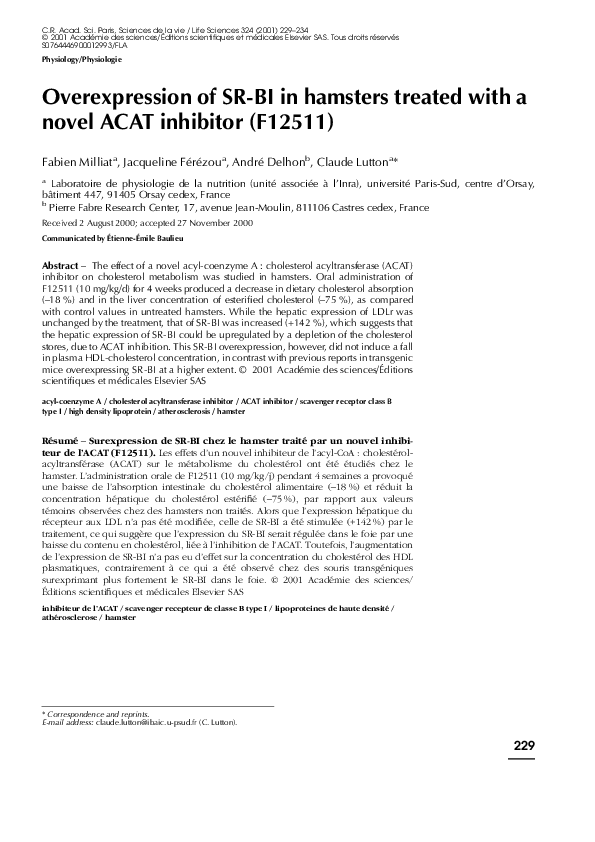 (PDF) Overexpression of SR-BI in hamsters treated with a novel ACAT inhibitor (F12511)