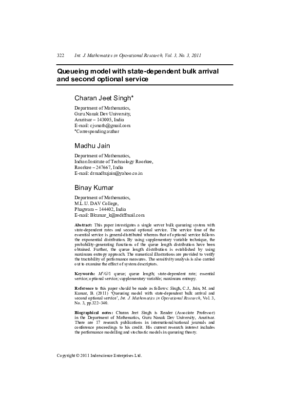 Pdf Queueing Model With State Dependent Bulk Arrival And Second Optional Service