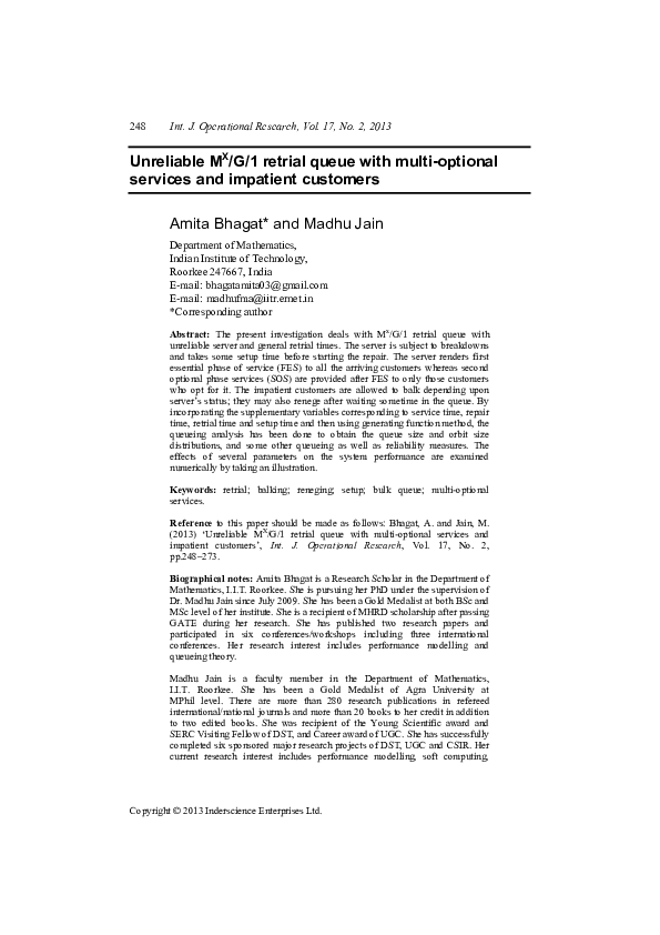 (PDF) Unreliable M x /G/1 retrial queue with multi-optional services and impatient customers