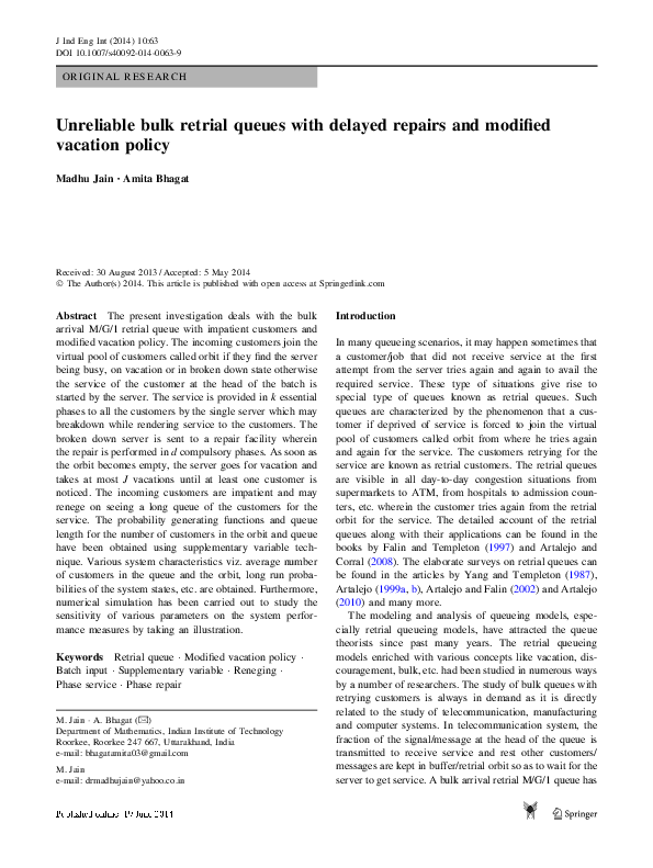 (PDF) Unreliable bulk retrial queues with delayed repairs and modified vacation policy