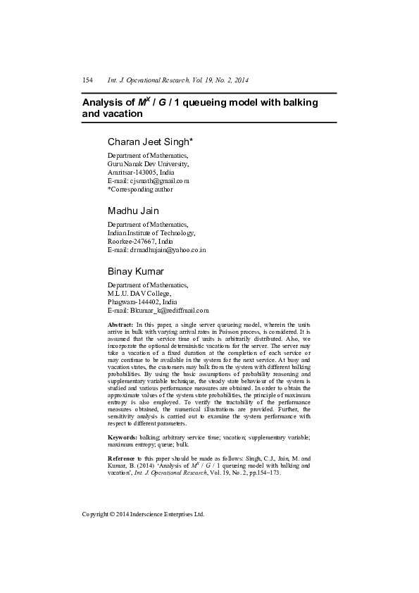 (PDF) Analysis of M X / G / 1 queueing model with balking and vacation