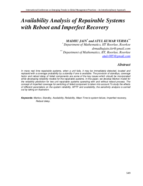 (PDF) Availability analysis of repairable systems with reboot and imperfect recovery