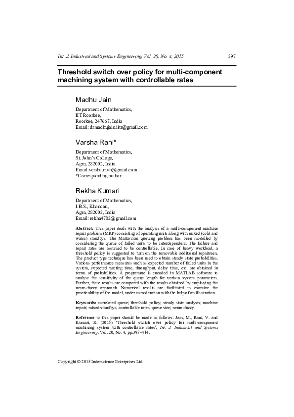 Pdf Threshold Switch Over Policy For Multi Component Machining System